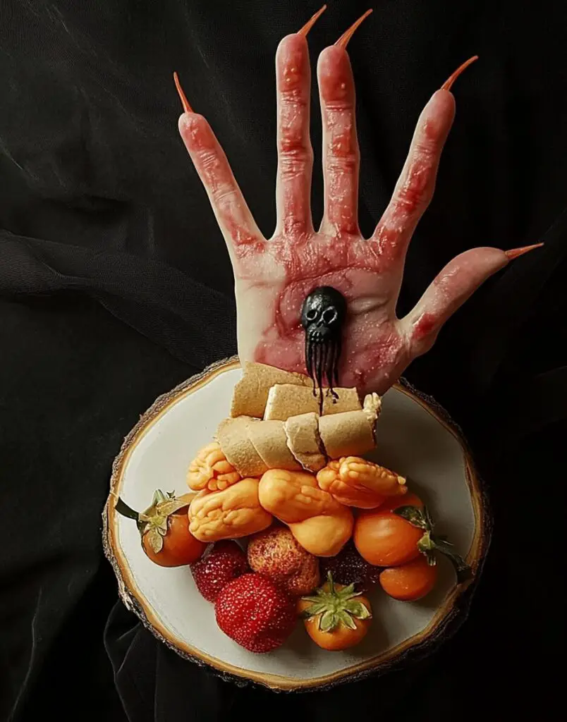 Creepy Halloween Hand Appetizer with Mozzarella and Prosciutto