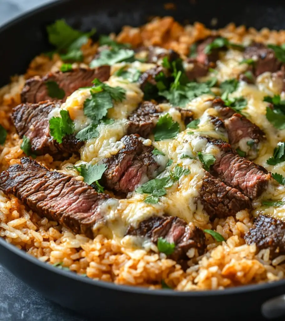 Skillet Steak and Rice with Melted Cheese: A Flavorful One-Pan Meal