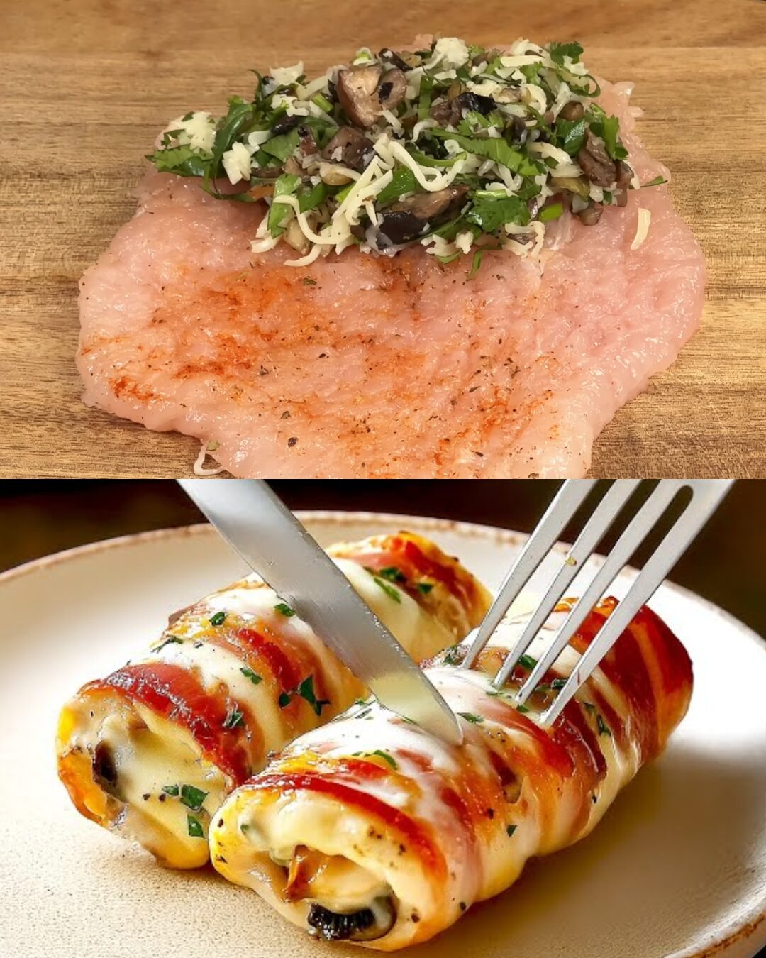 Bacon-Wrapped Chicken Roulade with Mushroom and Mozzarella Filling