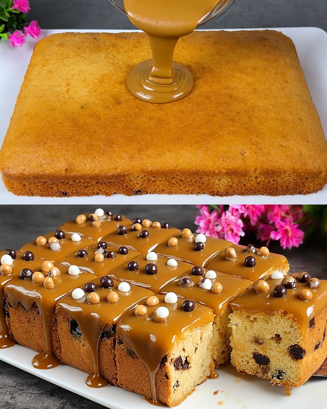 Soft and Moist Coffee Cake with Coffee Glaze and Chocolate Pearls